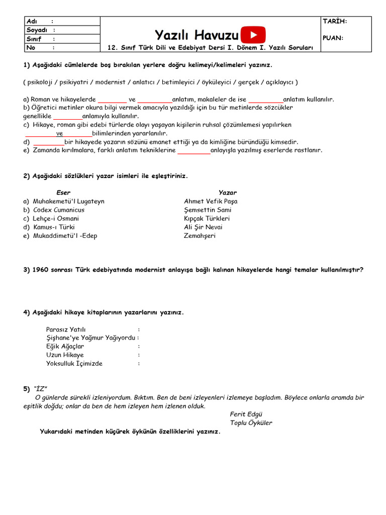 Sinif Tum Dersler 1. Donem 1. Yazili Sorulari | PDF