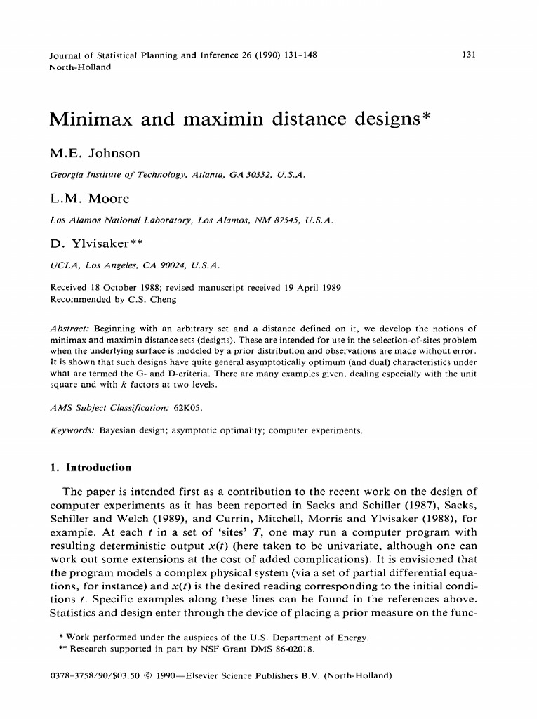 Minimax and Maximin Distance Designs | PDF | Distance | Variance