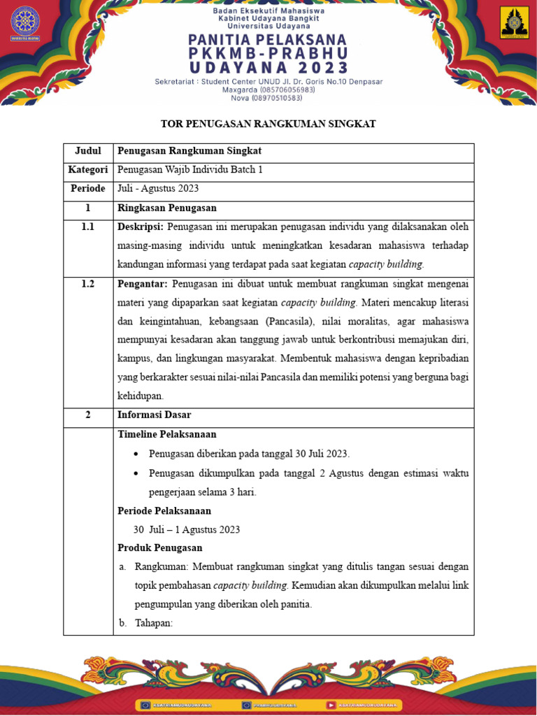 TOR Penugasan Rangkuman CB PKKMB PRABHU UDAYANA 2023 | PDF | Karier & Perkembangan