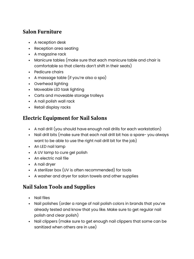 Nail Salon Checklist | Download Free PDF | Nail (Anatomy) | Hand