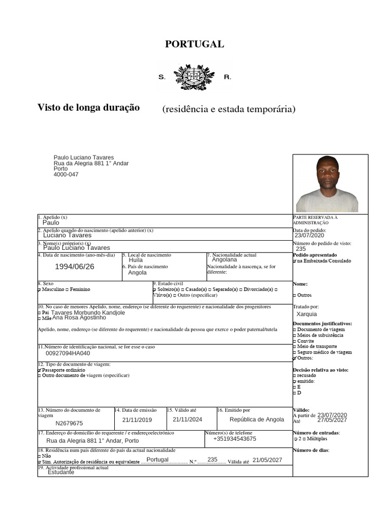 Formulário de Pedido de Visto para Portugal | PDF | Visto para viagem ...