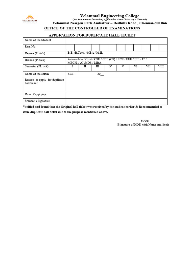 Application For Duplicate Hall Ticket | PDF