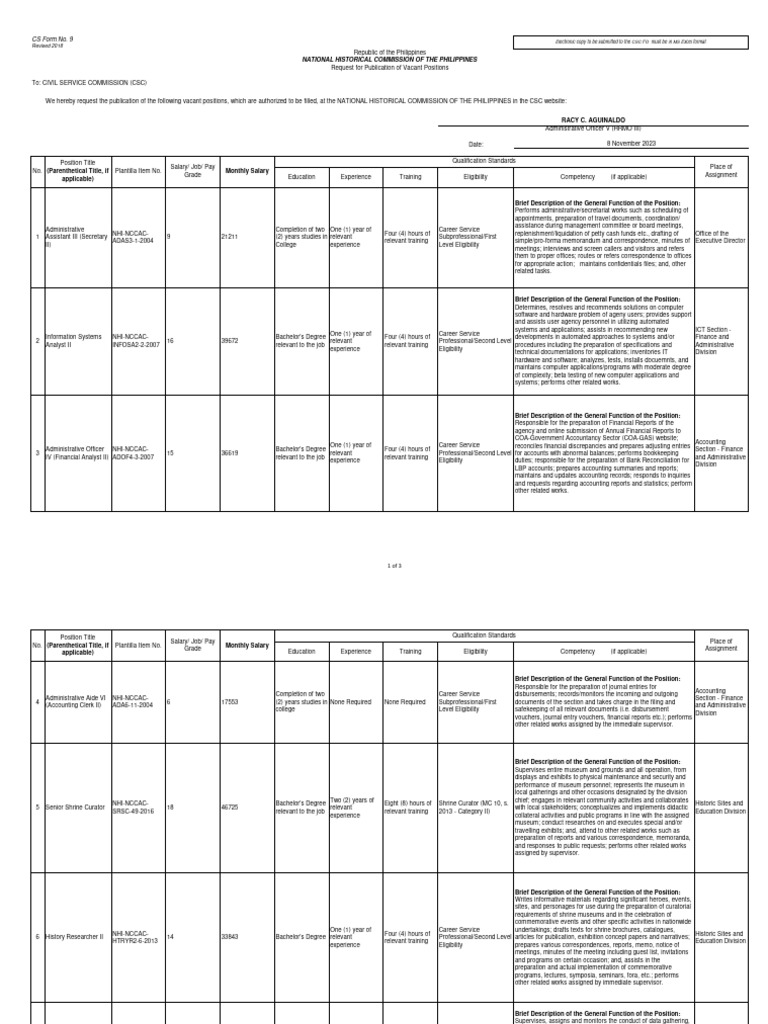CS Form No. 9 Request For Publication of Vacant Positions 11 8 2023 ...
