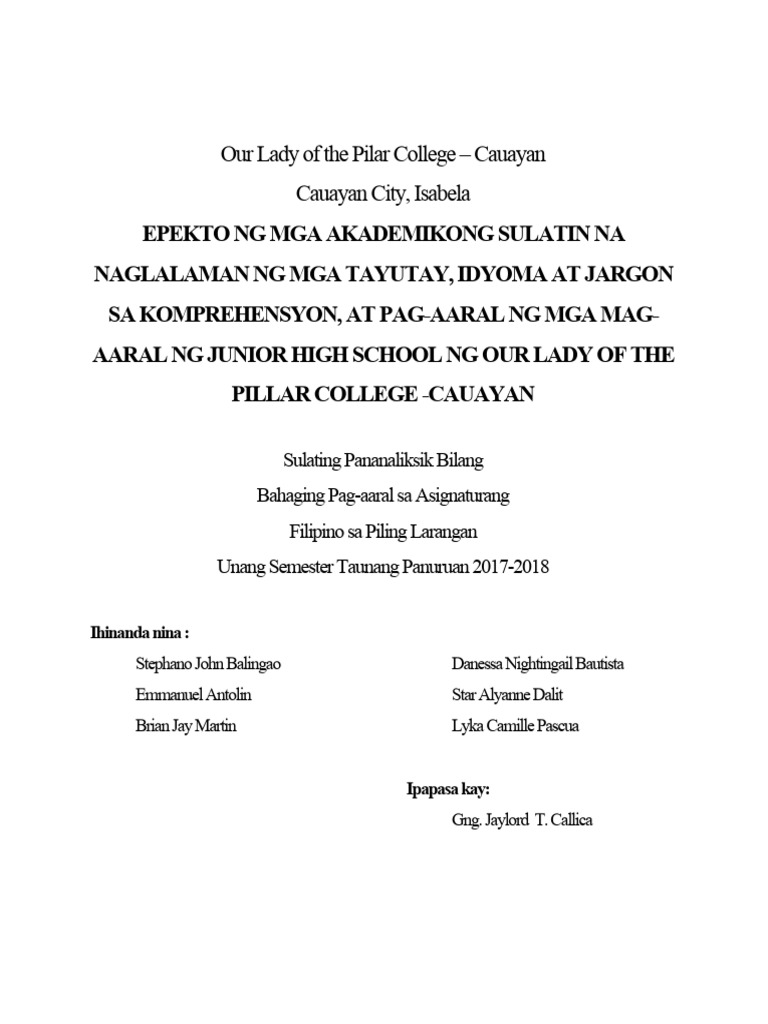 Sample Pananaliksik Sa Filipino Sa Piling Larangan | PDF