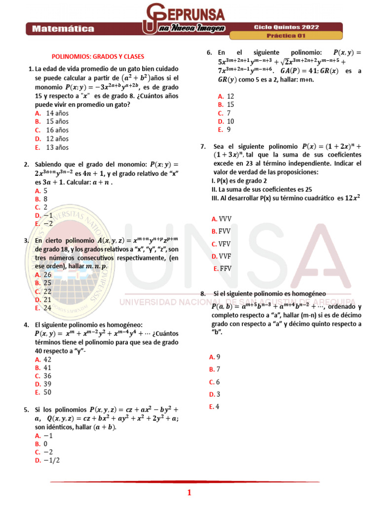 PRÁCTICA 01 Semana 01 - Matemática | PDF | Matemáticas | Álgebra abstracta