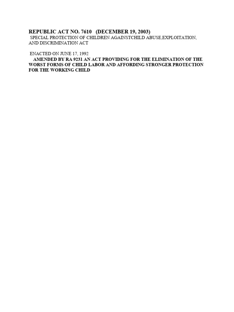 Child Protection Law RA 7610 Overview | PDF | Child Abuse | Justice