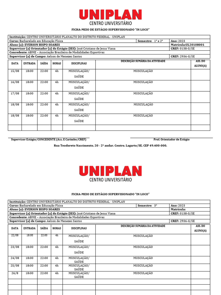 6 Ficha Meio de Estágio Supervisionado "In Loco" 2020 1 Uniplan | PDF