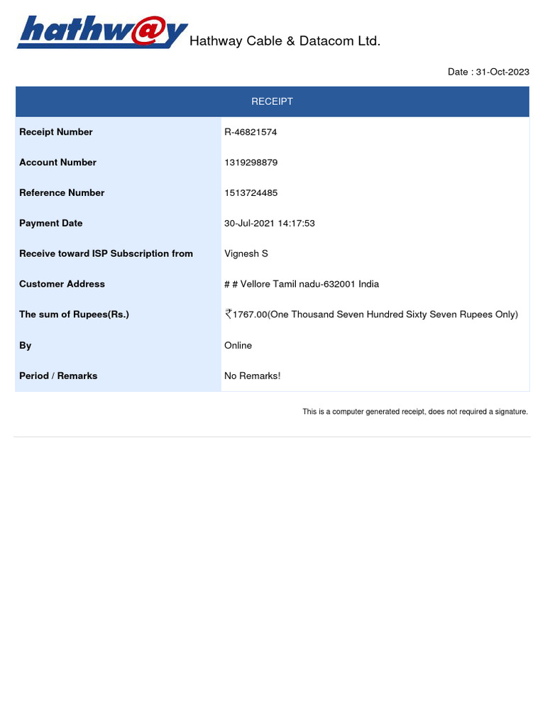 Hathway Bills | PDF | Receipt | Business