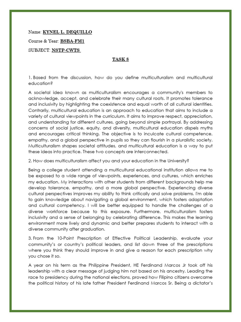 Dequillo NSTP-CWTS Task 8 | PDF | Multiculturalism