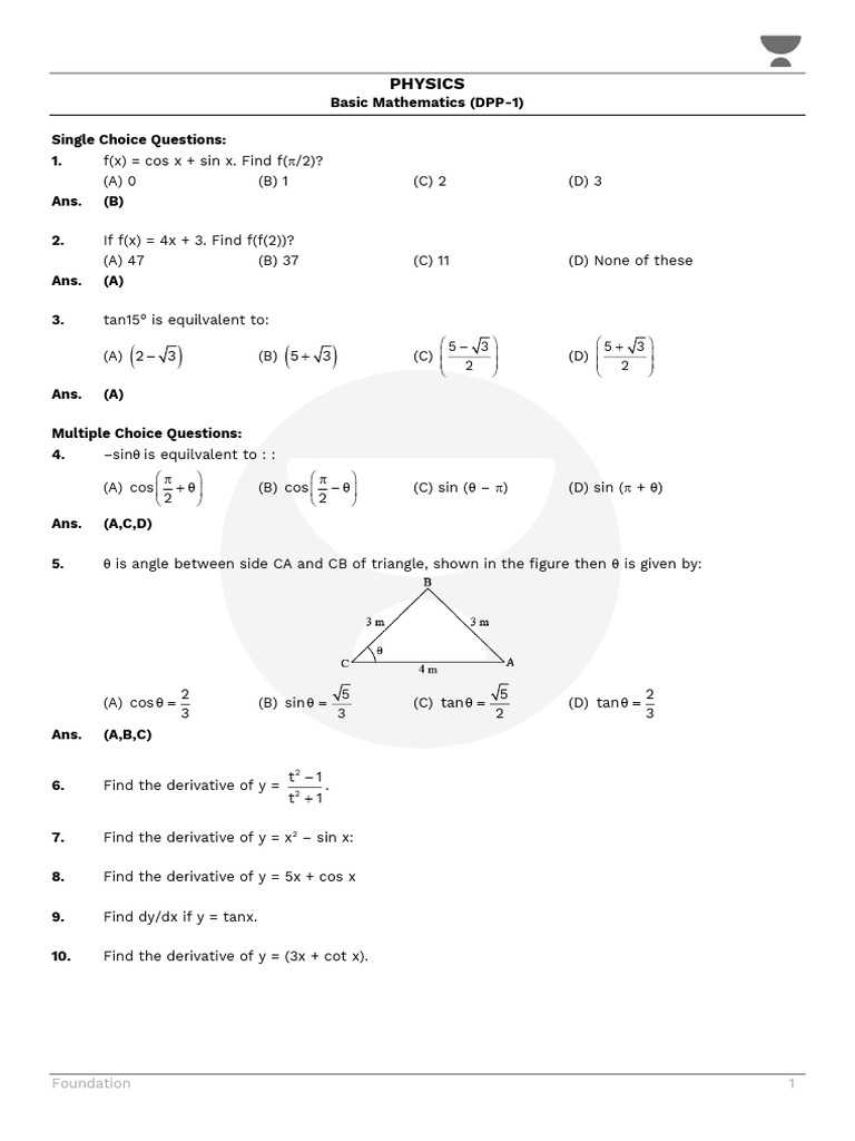 DPP 1 Physics Question IJSO | PDF | Trigonometry | Algebra