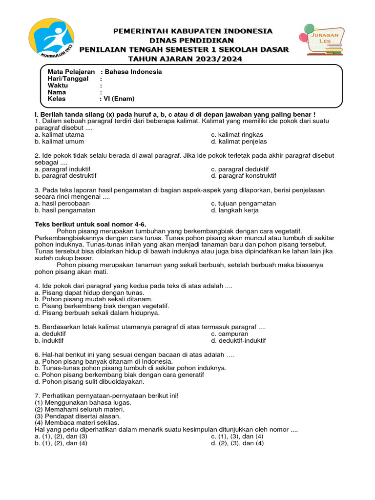 Soal Bahasa Indonesia Kelas 6 | PDF | Seni & Disiplin Bahasa | Kajian Bahasa Asing
