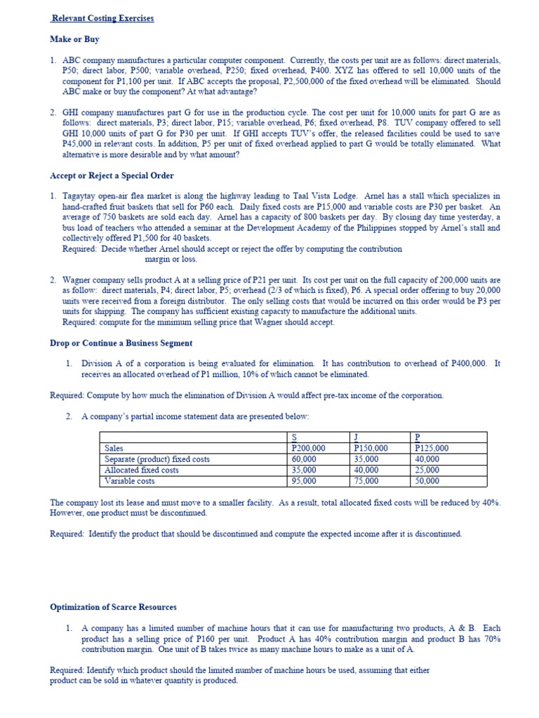 Relevant Costing Exercises | PDF | Cost | Management Accounting