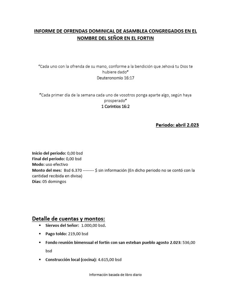 Informe de Ofrendas Dominical de Asamblea Congregados en El Nombre Del ...