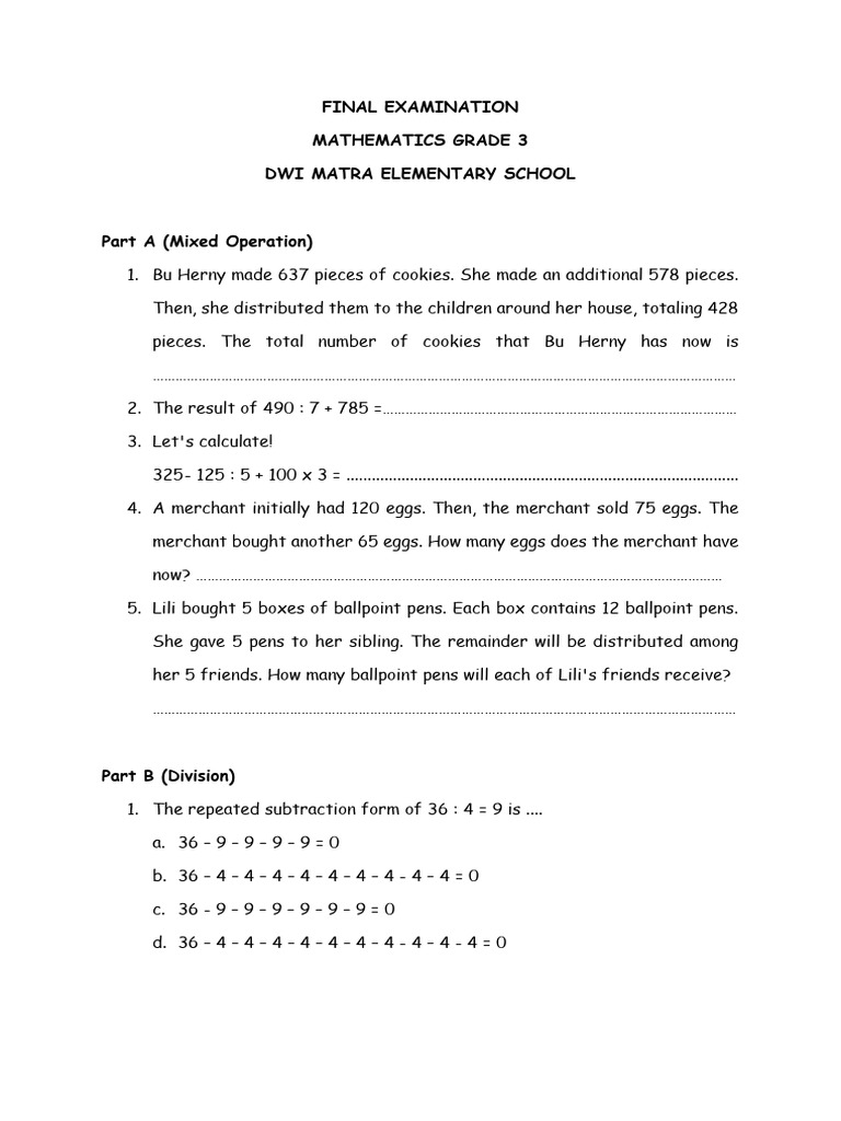 Final Test Math Grade 3 | PDF | Mathematics | Arithmetic