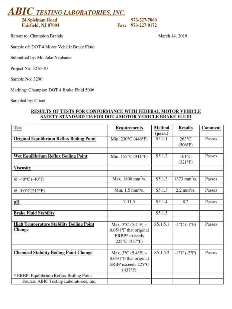 Champion DOT 4 Brake Fluid Test Results | PDF | Mechanical Engineering ...