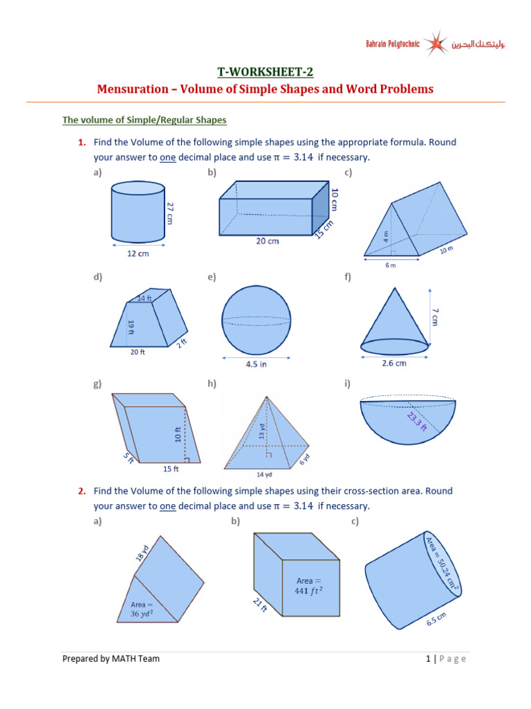 T - Worksheet-2 - Mensuration - Volume of Simple Shapes and Word ...