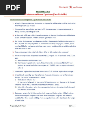 Linear Word Problems Worksheets