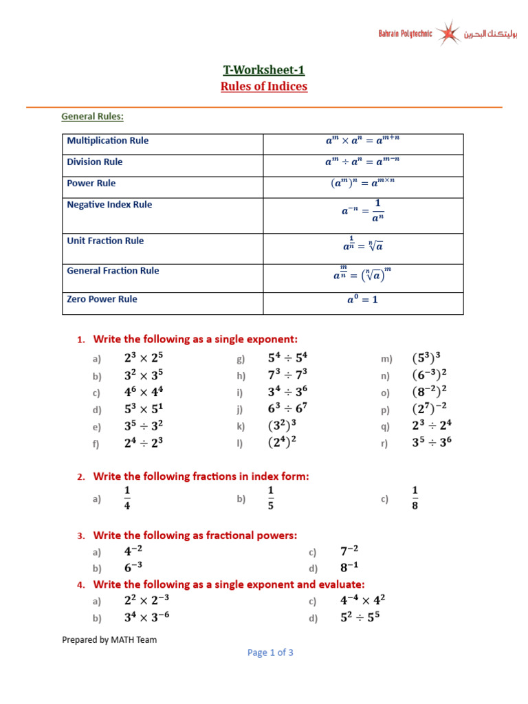 Laws of Indices Practice Worksheet | PDF | Mathematics | Arithmetic