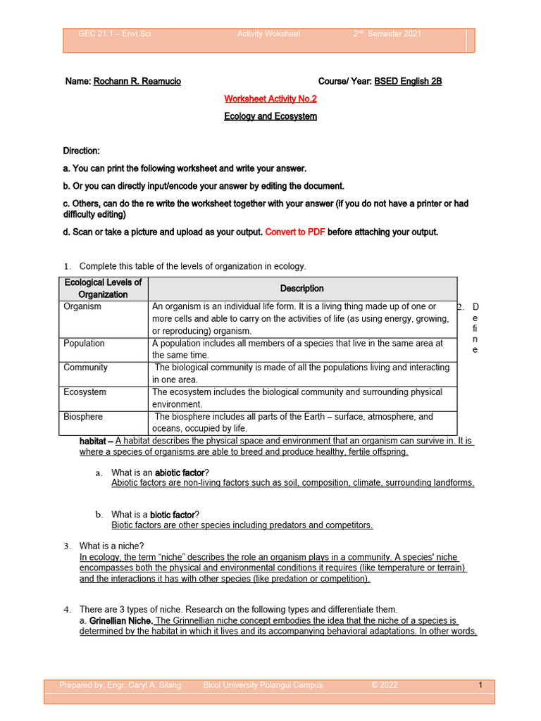 Ecological Niche Worksheet Guide | PDF | Ecological Niche | Ecosystem