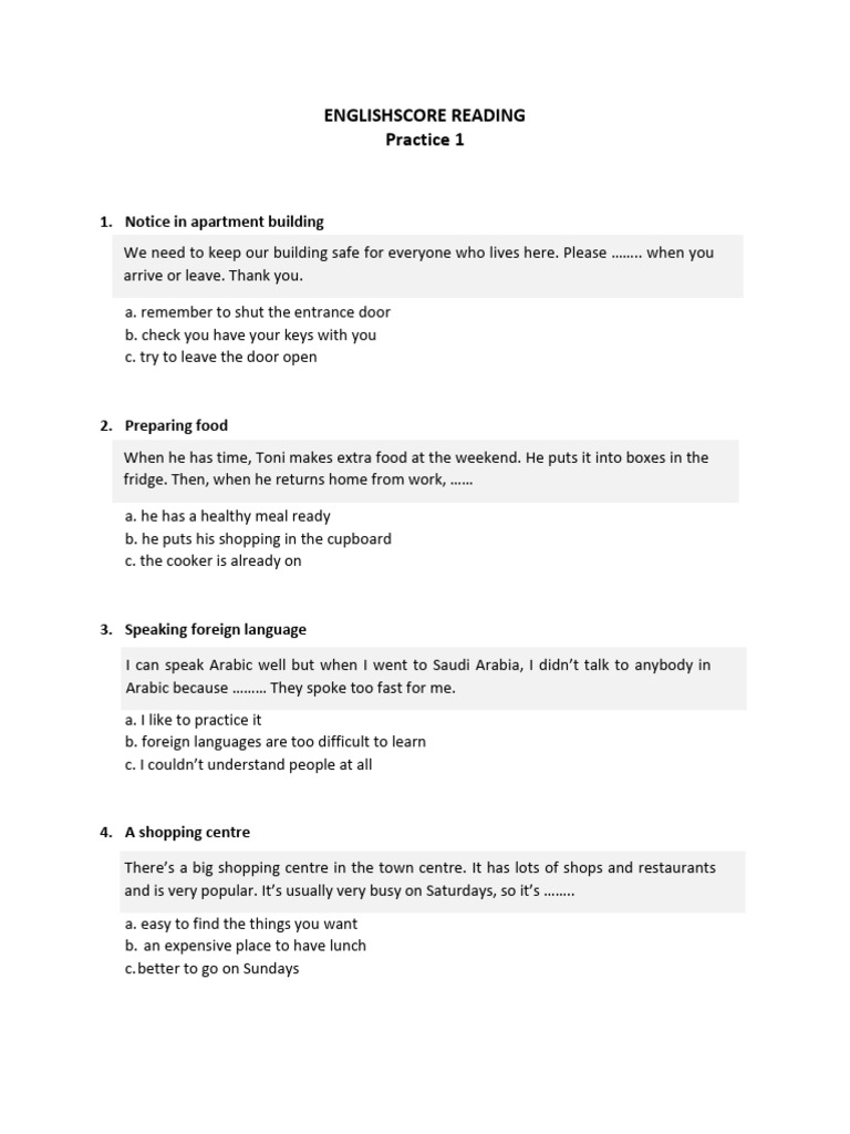 EnglishScore Reading Practice Guide | PDF | Employment
