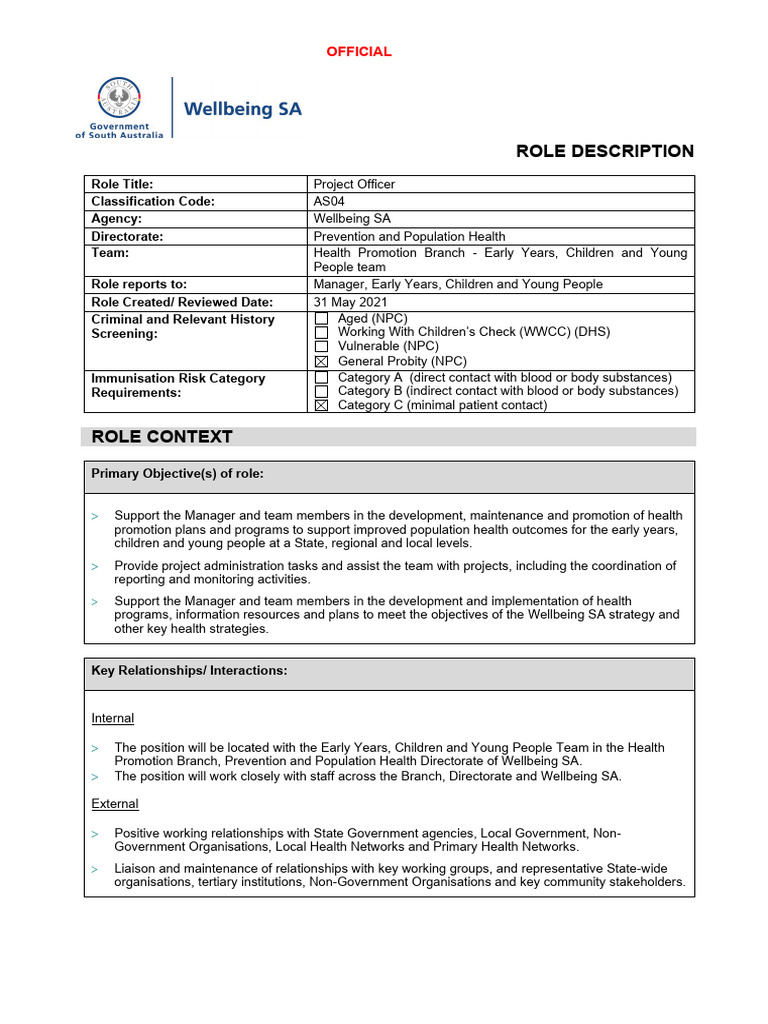 Public Health Project Officer - Prevention and Population Health - Role ...