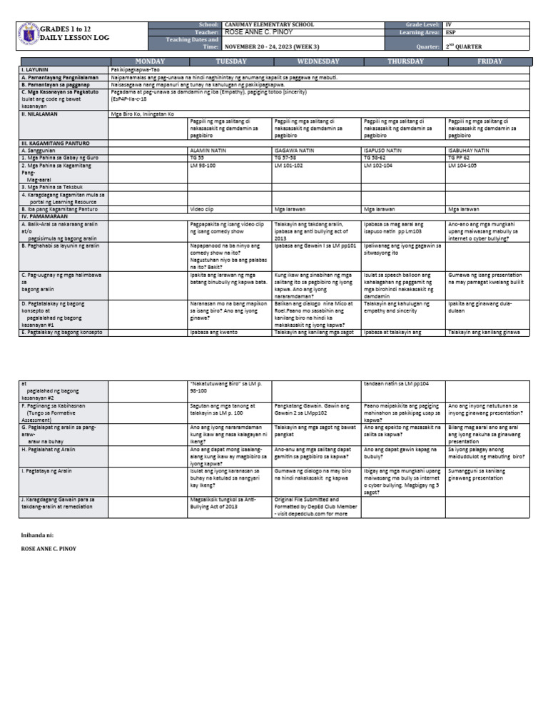 DLL - Esp 4 - Q2 - W3 | PDF