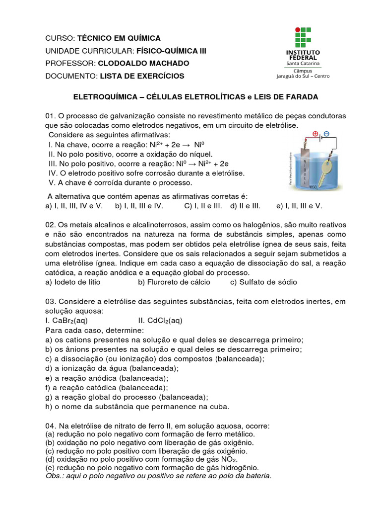 Lista de Exercícios de Eletroquímica - Células Eletrolíticas e Leis de Faraday | PDF | Eletrodo ...