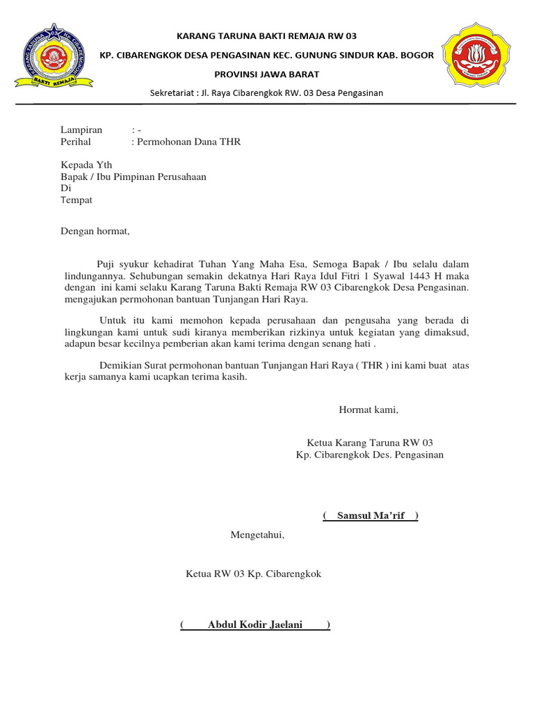 Proposal Permohonan Dana THR Karang Taruna | PDF