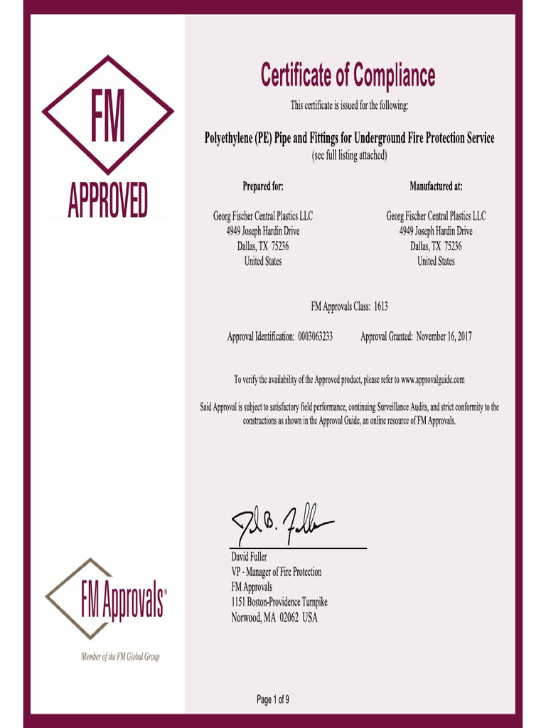 Certificado Backing Ring FM Listing Georg Fischer | PDF