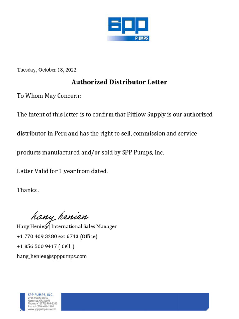 Authorized Distributor Letter Peru - SPP PUMPS | PDF