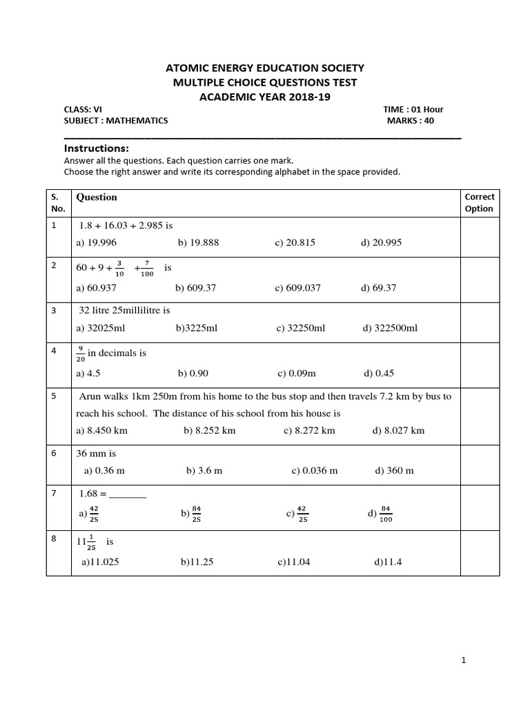 Atomic Energy Education Society Multiple Choice Questions Test ACADEMIC ...