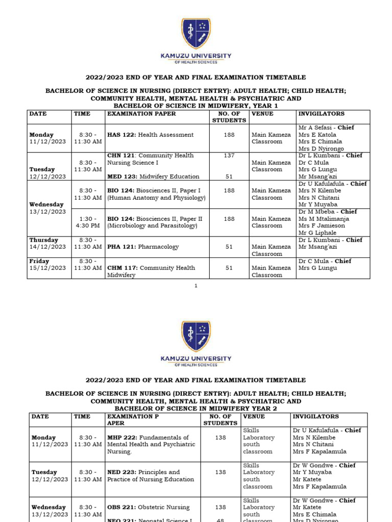 BT (Revised) - 2022-2023 End of Year Exams Timetable | PDF | Nursing | Social Programs