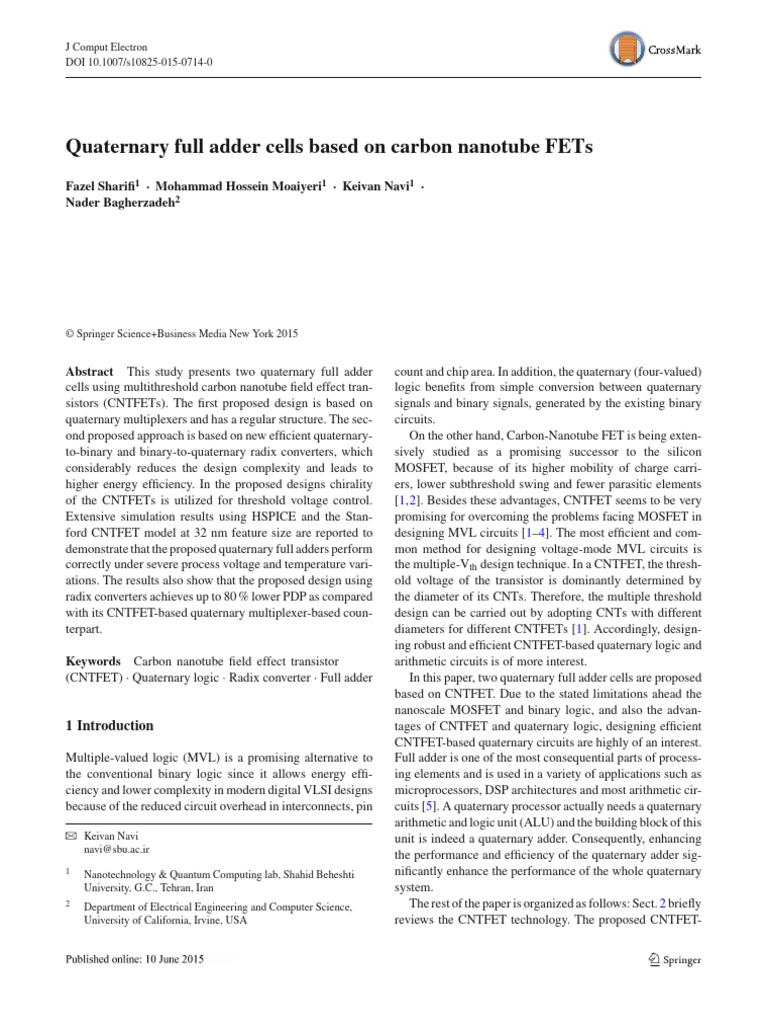Quaternary Full Adder Cells Based On Carbon Nanotube FETs | PDF ...