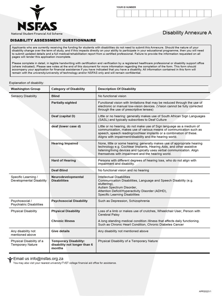 NSFAS Disability Annexure A - 2022 | PDF | Disability | Visual Impairment
