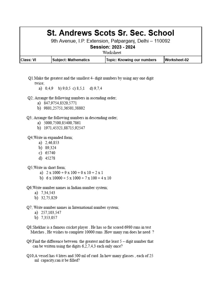 Maths - Knowing Our Numbers WS-2 (VI) | PDF