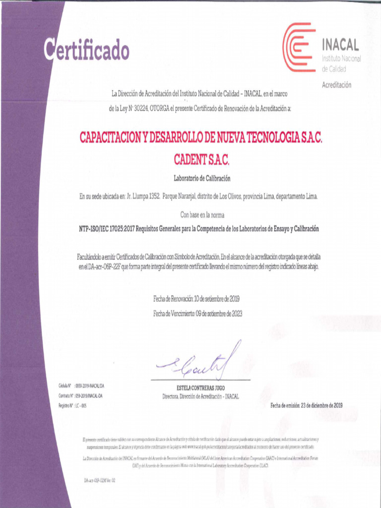 Certificado Cadent S.A.C. Ntp-Iso-Iec 17025-2017 - Registro #LC-005 | PDF