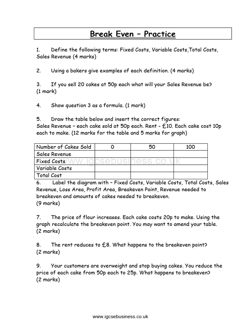 Break - Even Questions Activity | PDF | Economies | Marketing