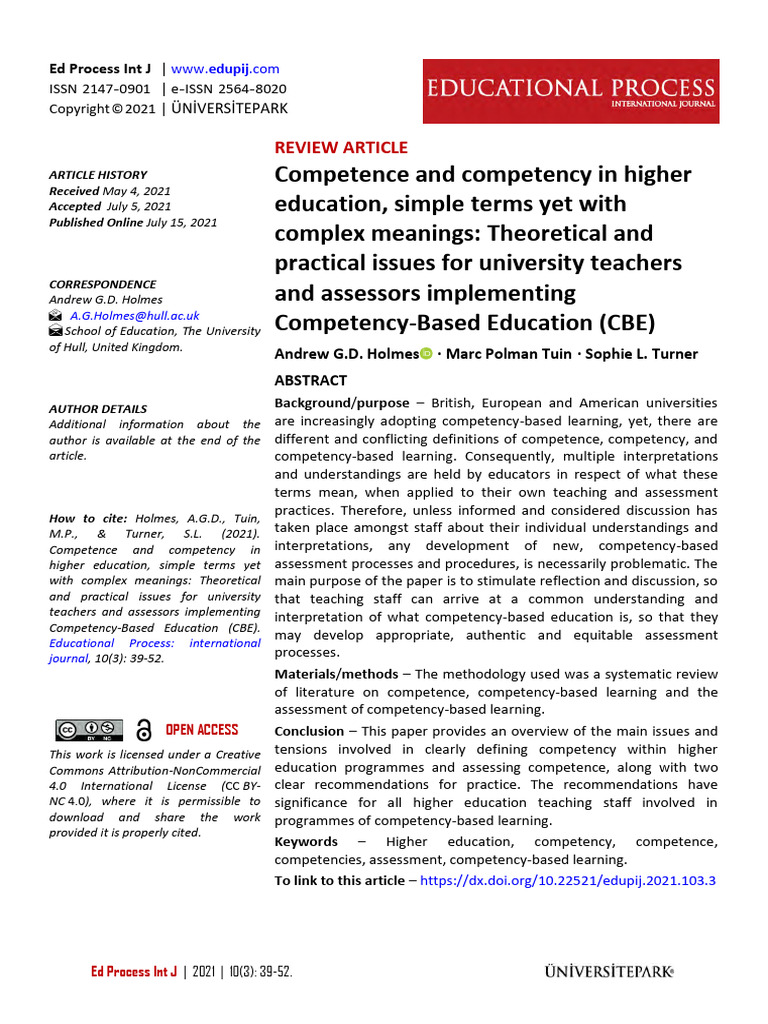 Holmes, A. G., Tuin, M. P., & Turner, S. L. (2021) - Competence and Competency in Higher ...
