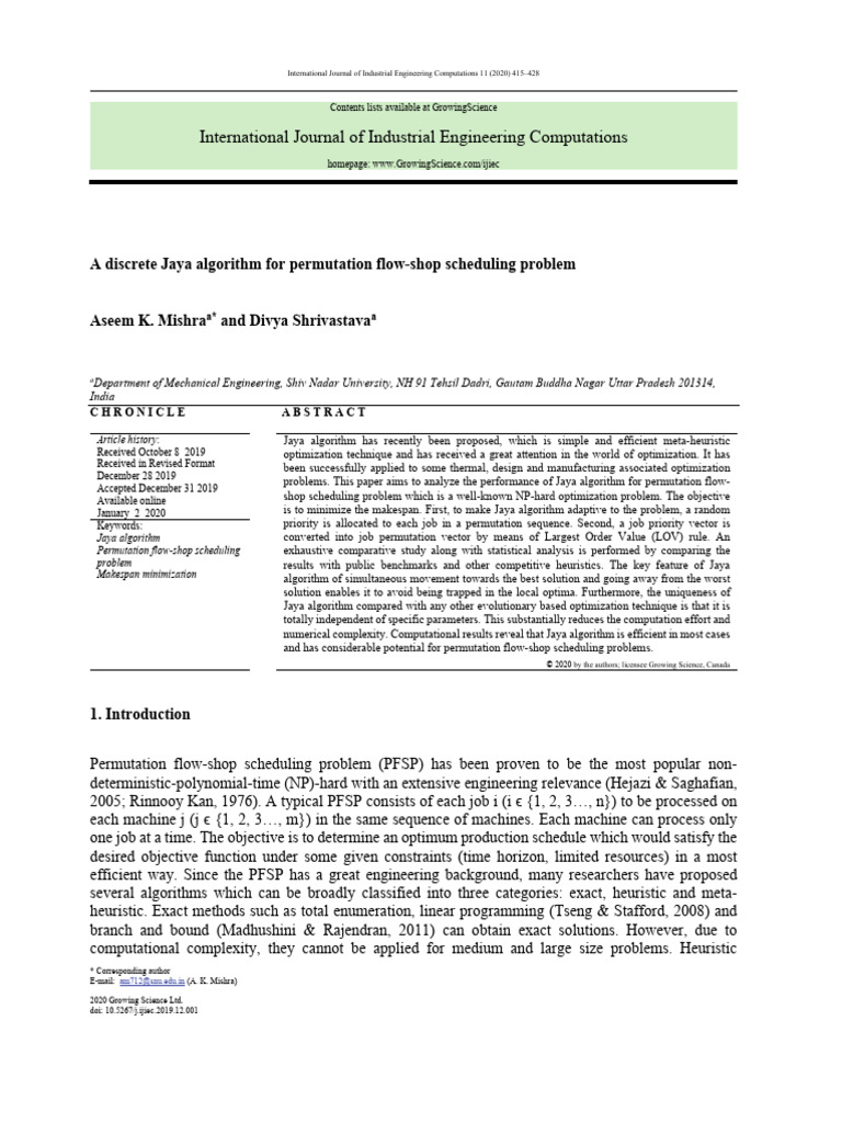 A Discrete Jaya Algorithm For Permutatio | PDF | Metaheuristic | Mathematical Optimization