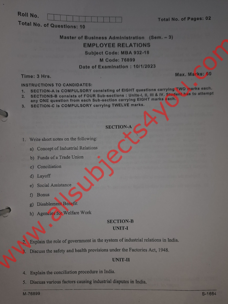 Sem 3 MBA 93-2-18 Employee Relations Watermark | PDF | Welfare | Business