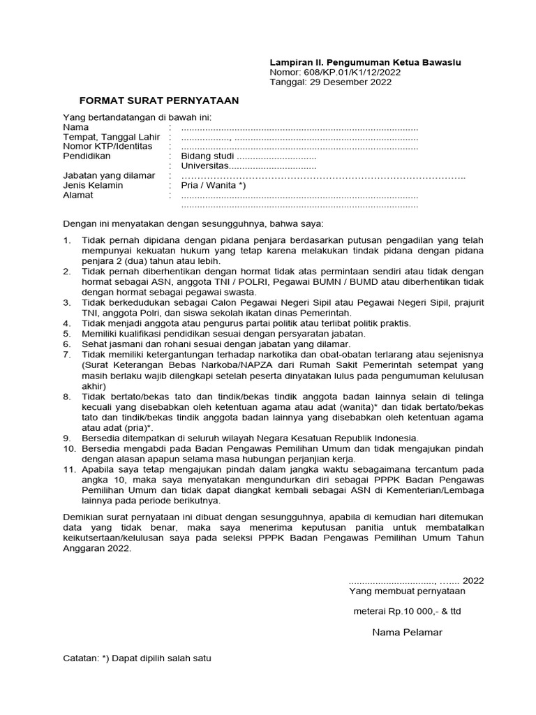 Lampiran II. Surat Pernyataan PPPK | PDF
