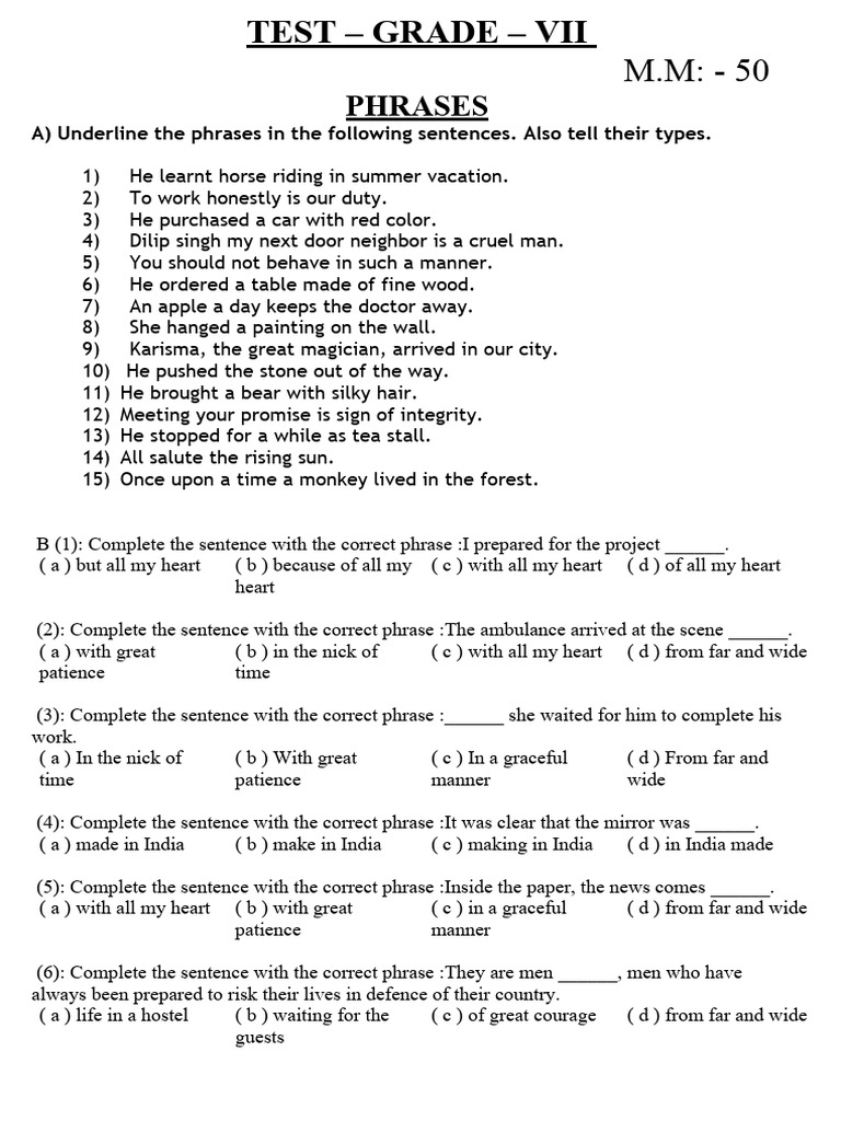 Phrases and Clauses Test for Grade 7 | PDF | Adverb | Adjective