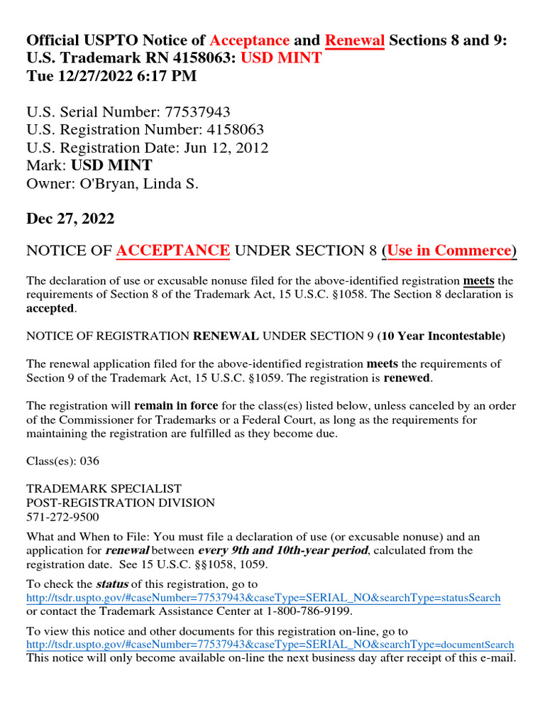 USPTO Acceptance & Renewal for USD MINT | PDF | Law