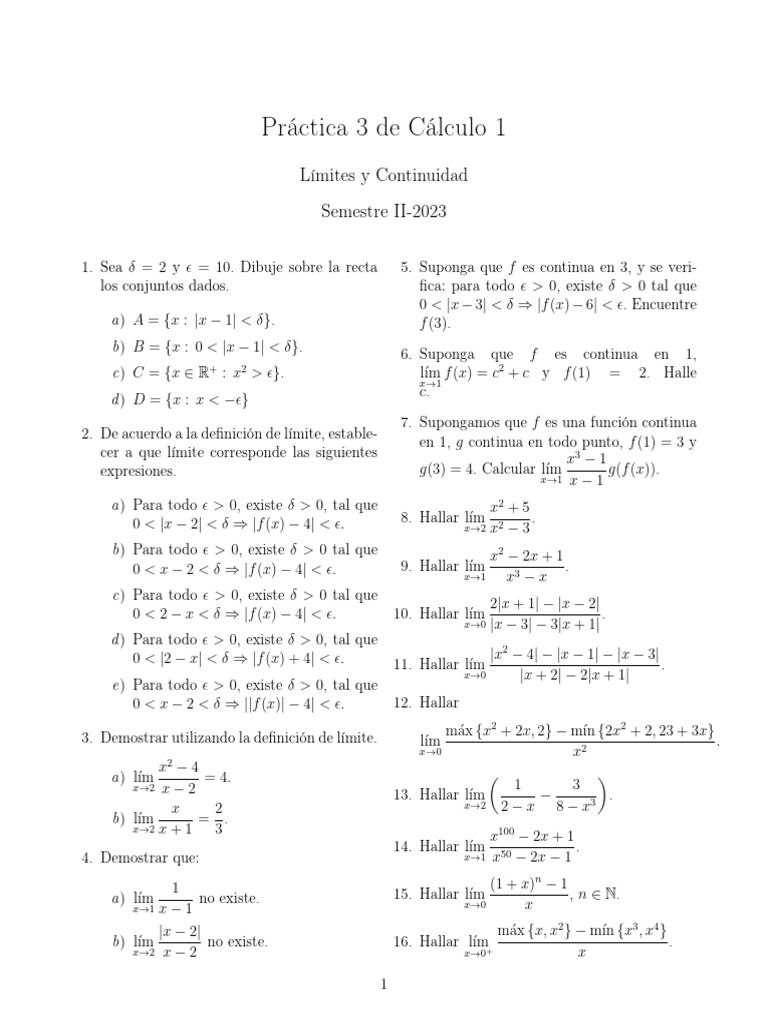 Práctica 3 Cálculo Diferencial e Integral I Carrera de Matemática UMSA | PDF | Matemática ...