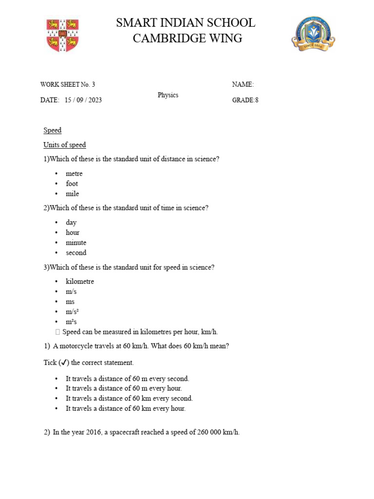 Grade 8 Speed Worksheet | PDF | Science & Mathematics | Computers