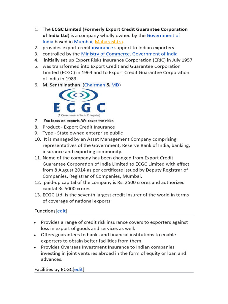 The ECGC Limited Notes | PDF | Business | Financial Services