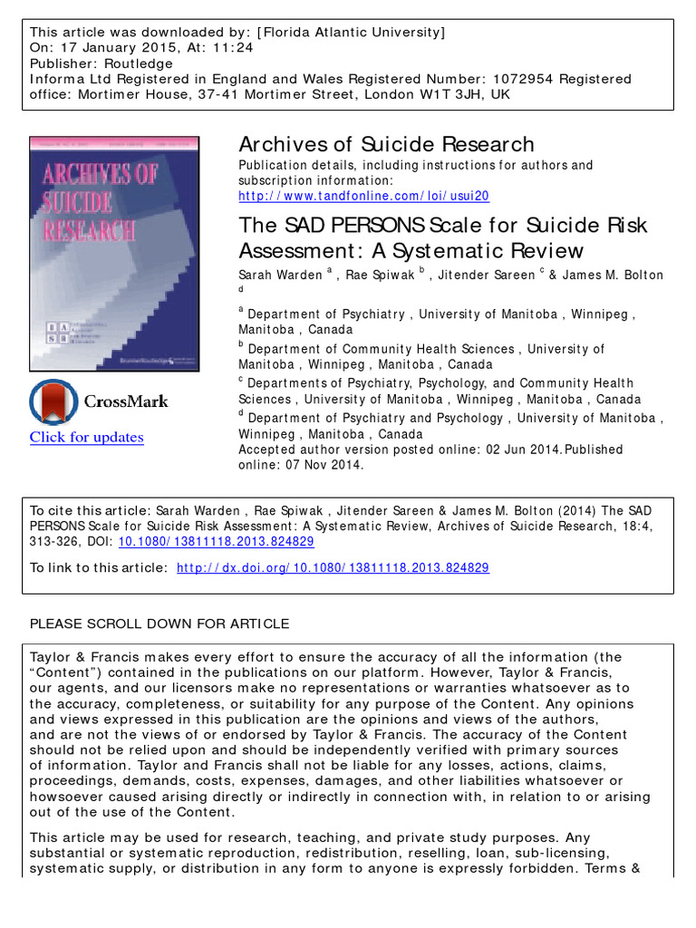 The SAD PERSONS Scale For Suicide Risk Assessment - A Systematic Review ...