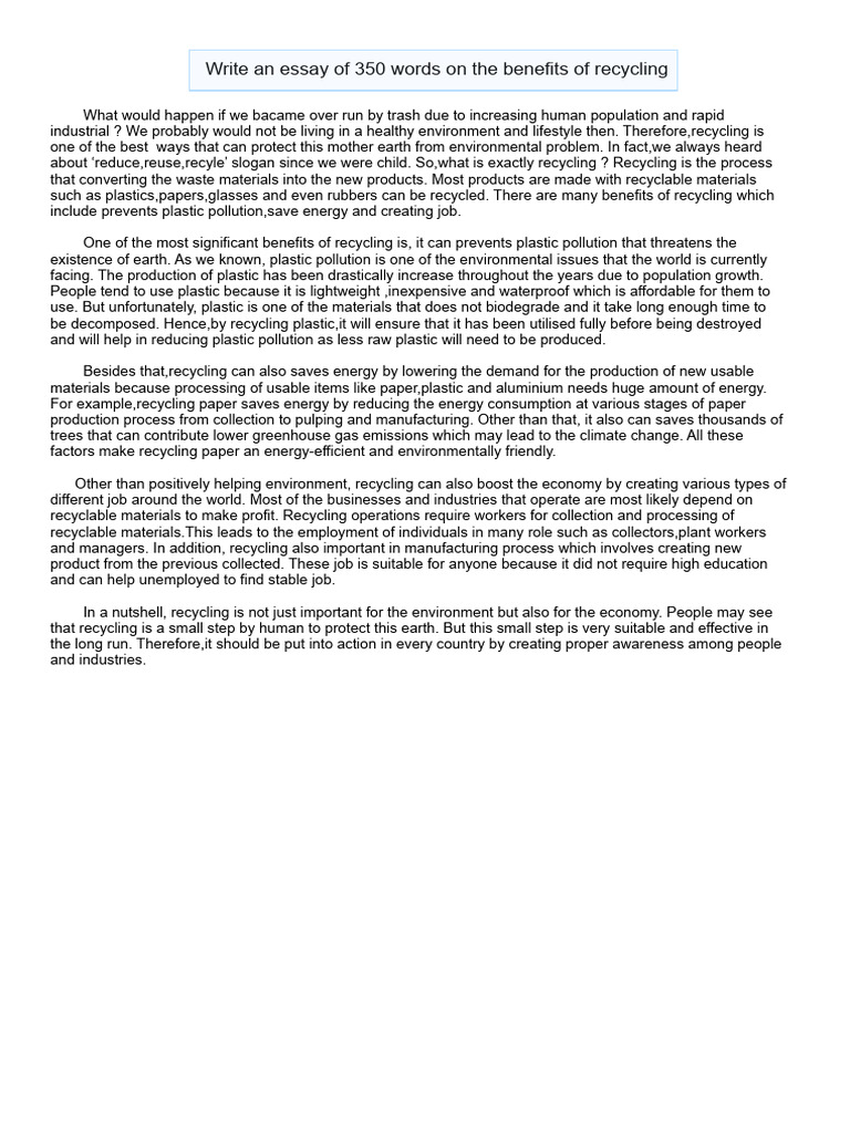 Essay Benefits of Recycling | PDF | Recycling | Plastic