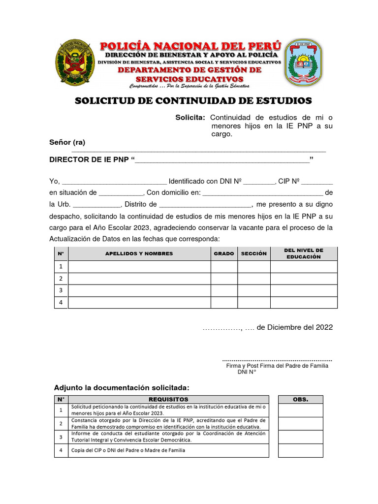 Solicitud de Continuidad de Estudios en La Ii Ee PNP | PDF