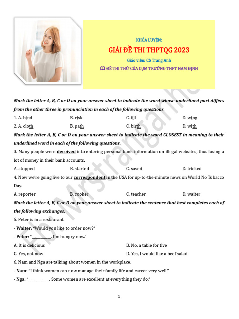 (GD2023) de Thi Thu TN THPT Nam 2023 Mon Tieng Anh Cum Truong THPT Nam Dinh Tinh Nam Dinh ...